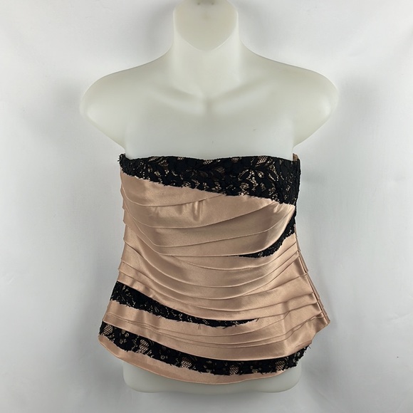 bebe | Tops | Bebe Corset Satin Pale Gold Black Lace Zip Back Strapless ...